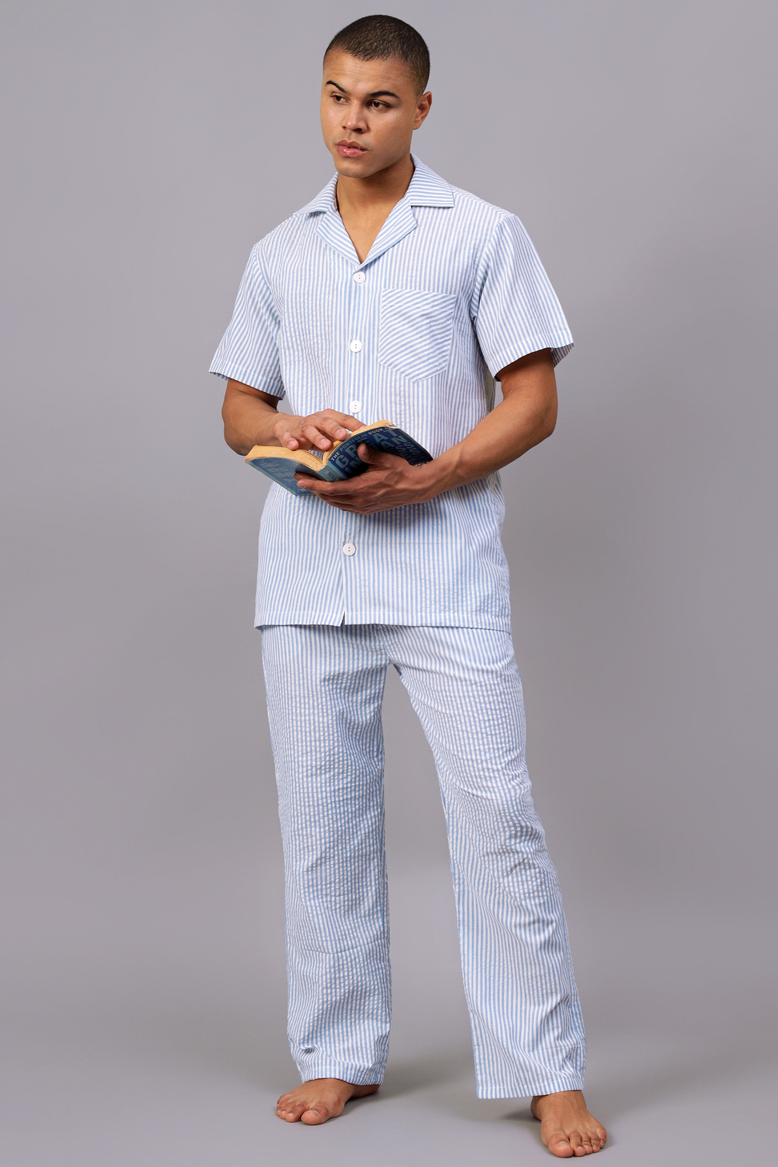 Buy Stylish Blue & White Stripes Men Night Suit Set | 100% Cotton ...